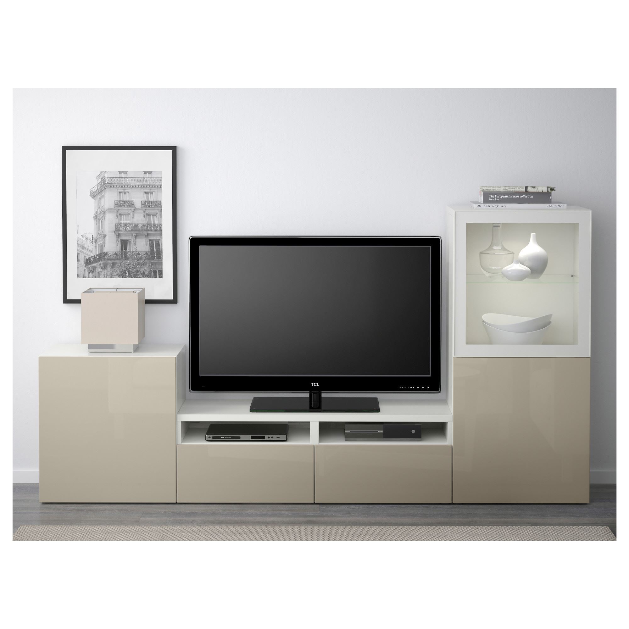 BESTA white/high-gloss/beige/clear glass 240x40x128 cm tv storage unit ...