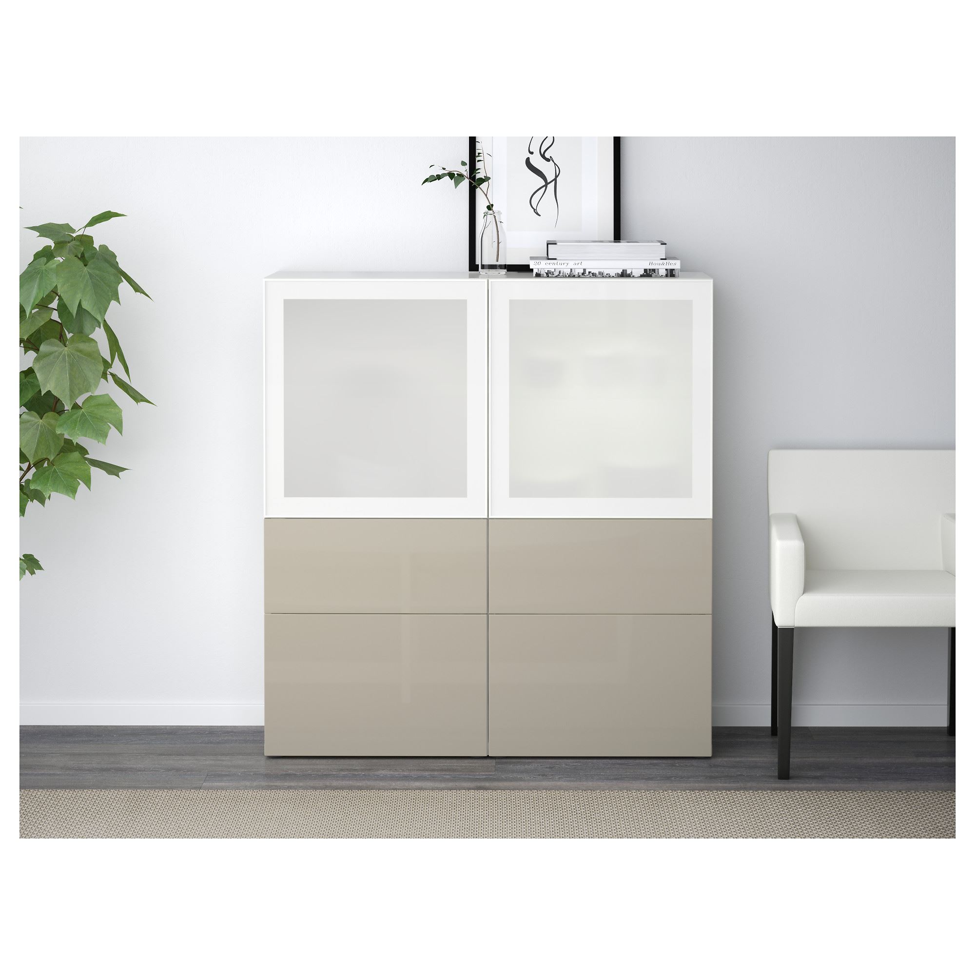 BESTA white/high-gloss/beige/frosted glass 120x40x128 cm storage ...