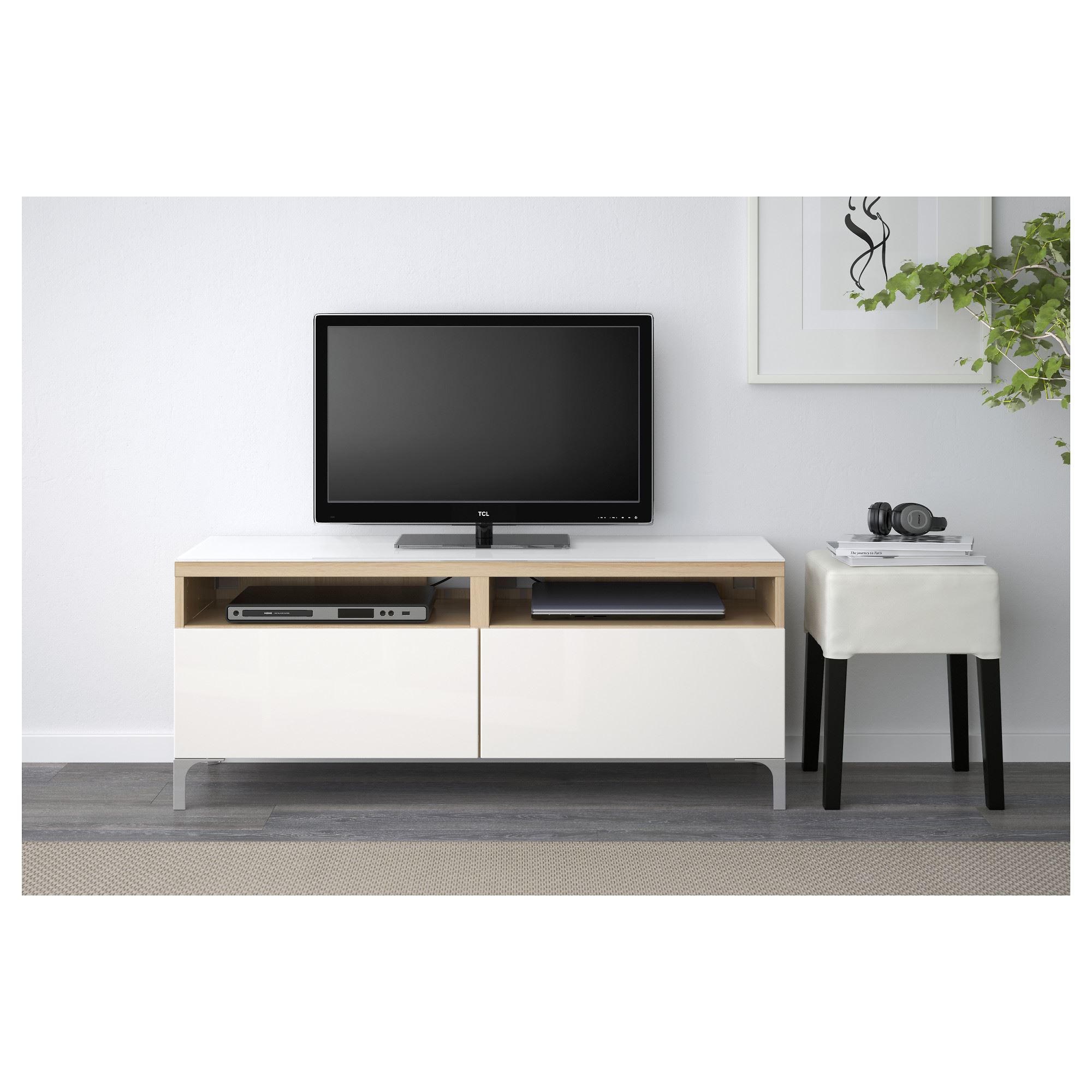 BESTA white stained oak effect/high-gloss/white 120x40x48 cm tv bench ...