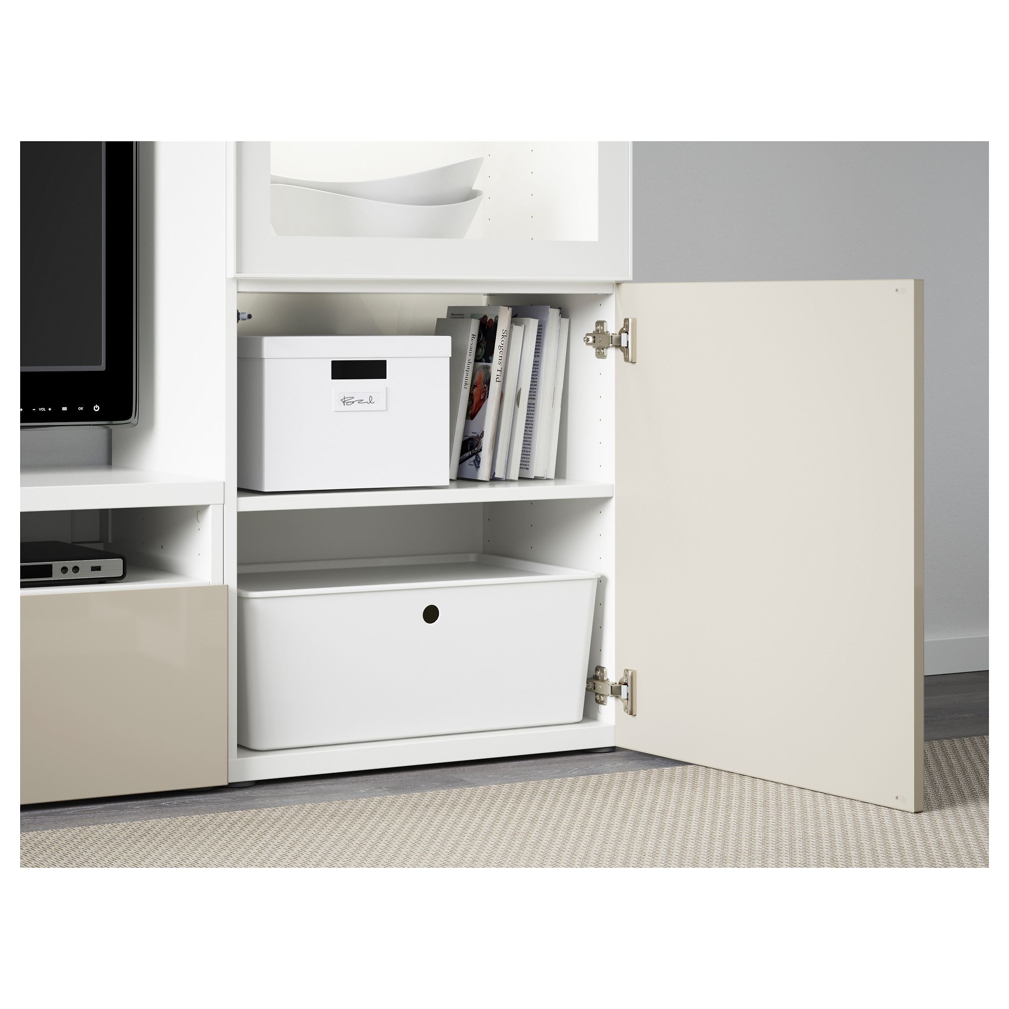 BESTA white/high-gloss/beige/clear glass 240x40x128 cm tv storage unit ...