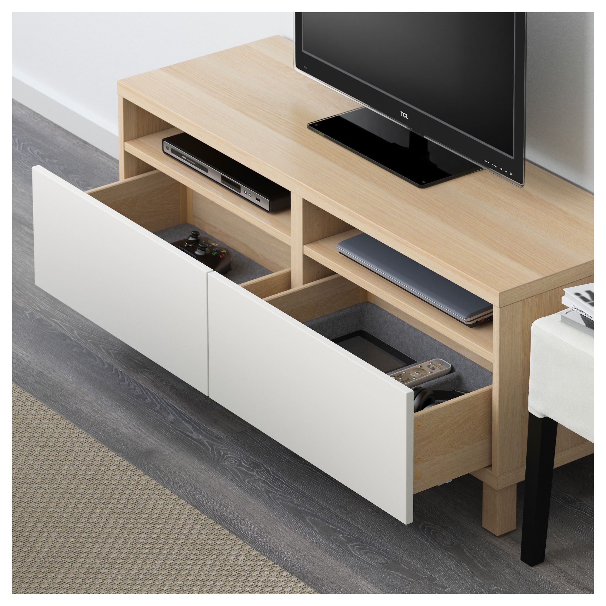 BESTA white stained oak effect/white 120x40x48 cm tv bench - 79188320 ...