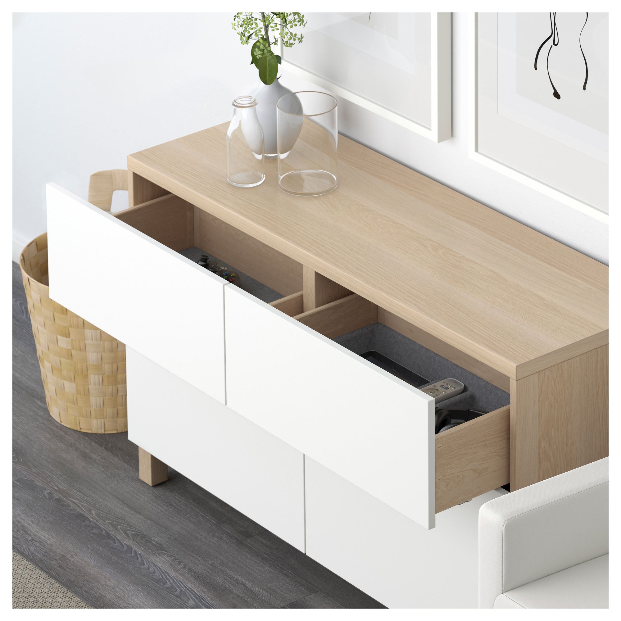 BESTA white stained oak effect/white 120x40x74 cm storage combination ...