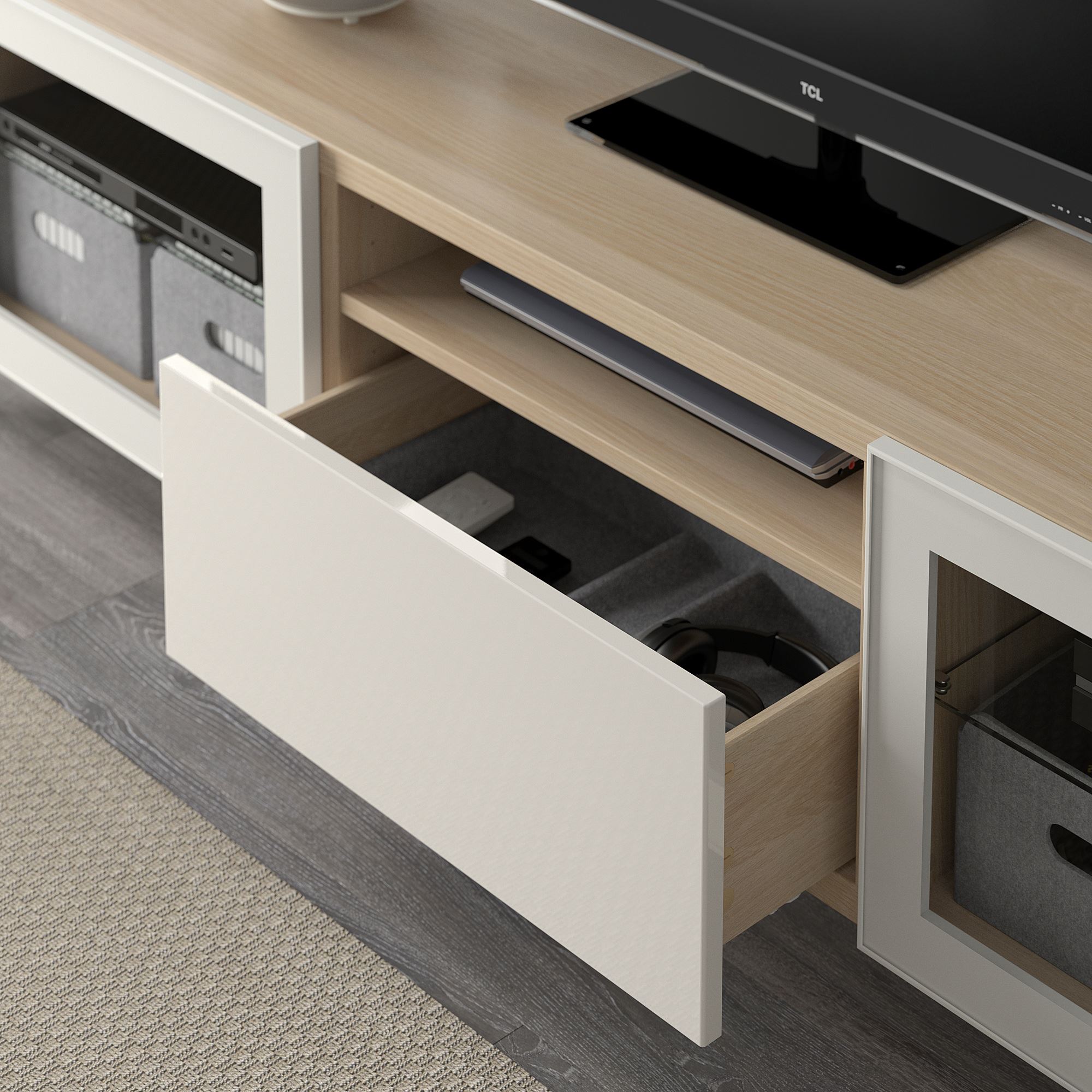 BESTA white stained oak effect/high-gloss/white/clear glass 180x42x48 ...