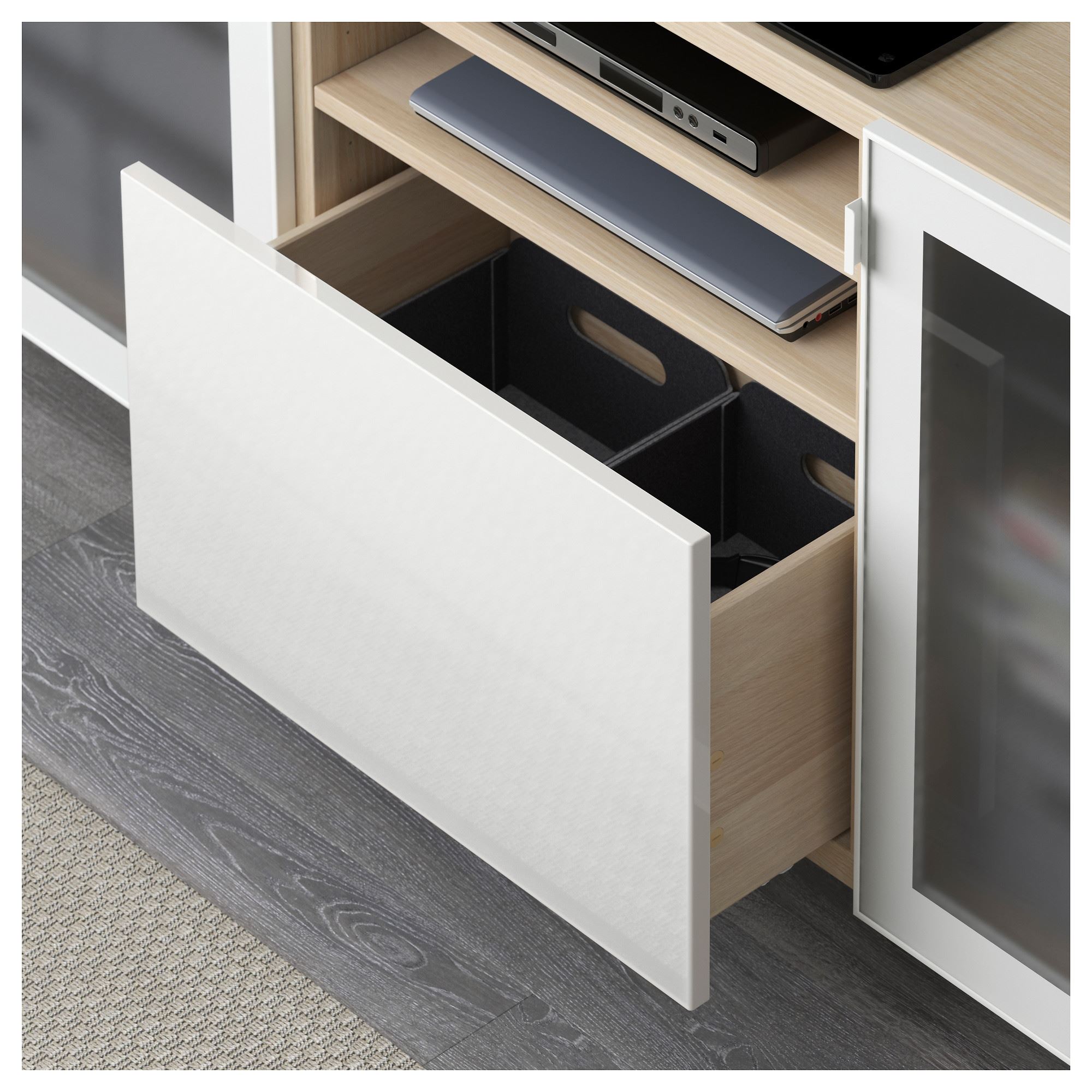 BESTA white stained oak effect/high-gloss/white/frosted glass 180x40x74 ...