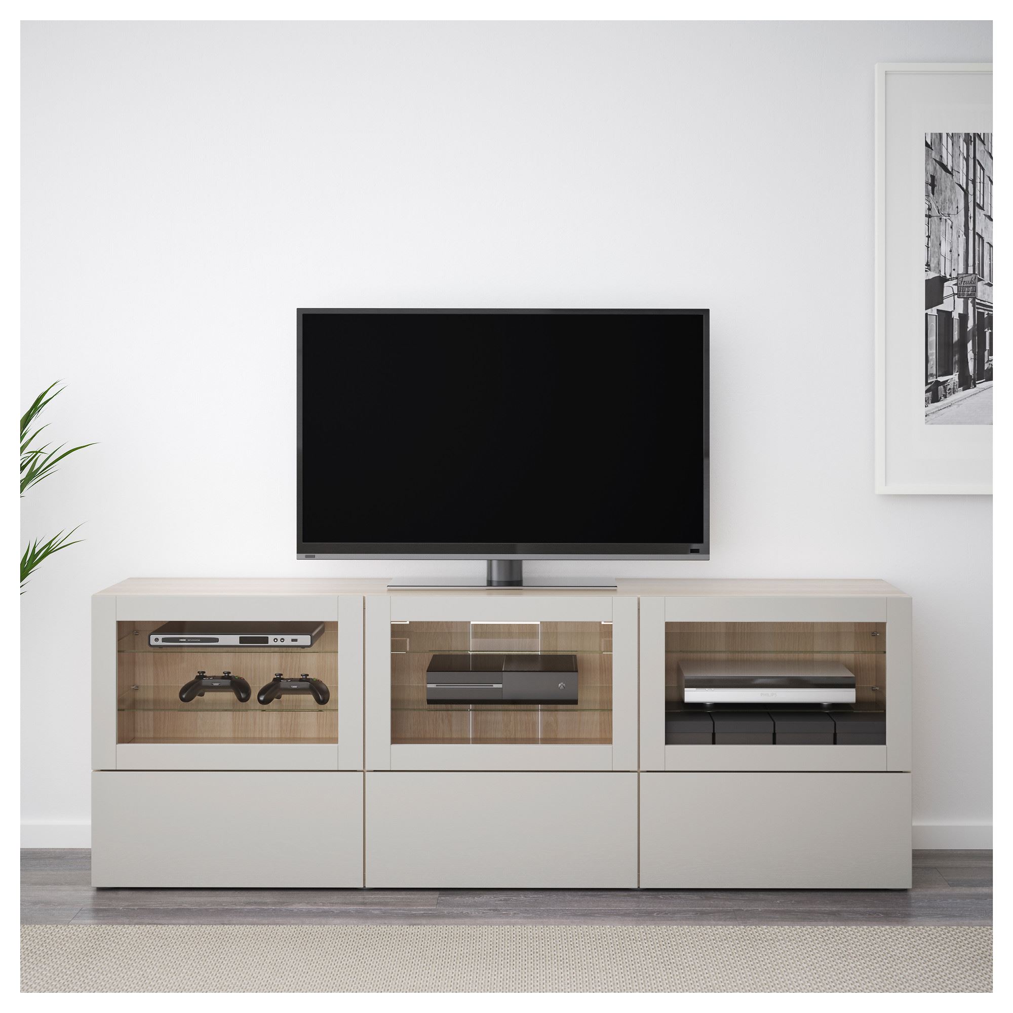 BESTA white stained oak effect/light grey 180x40x64 cm tv bench ...