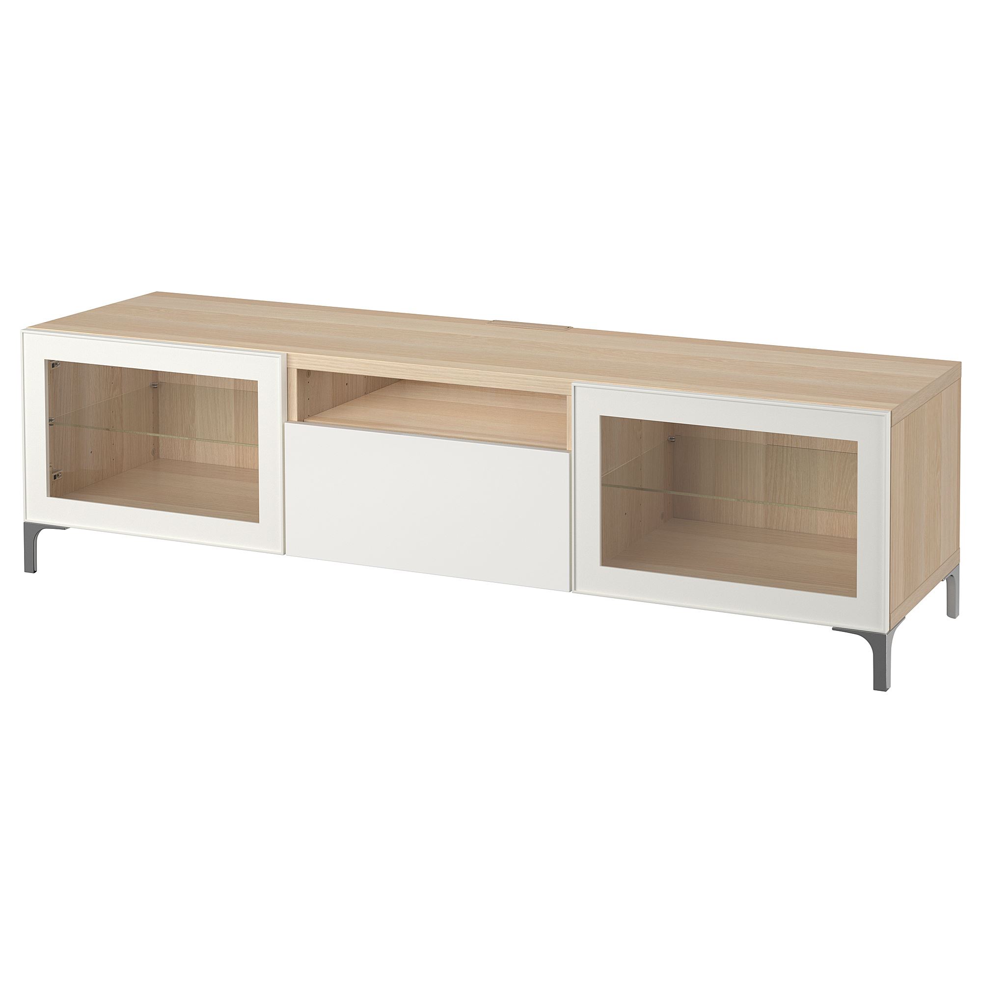 BESTA white stained oak effect/high-gloss/white/clear glass 180x42x48 ...