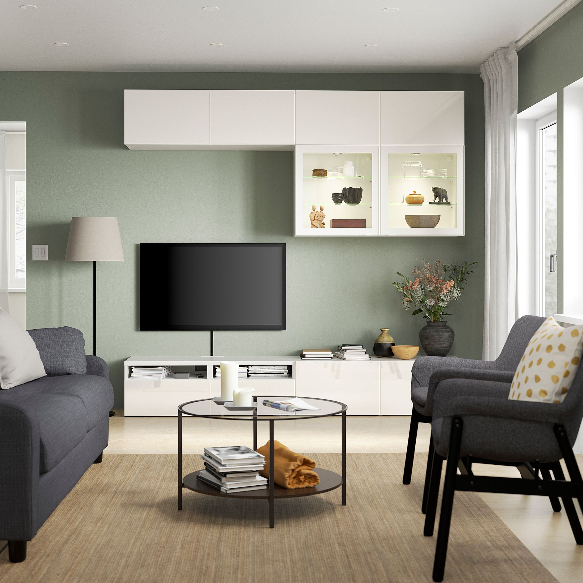 BESTA white/high-gloss/clear glass 240x42x231 cm tv storage unit ...