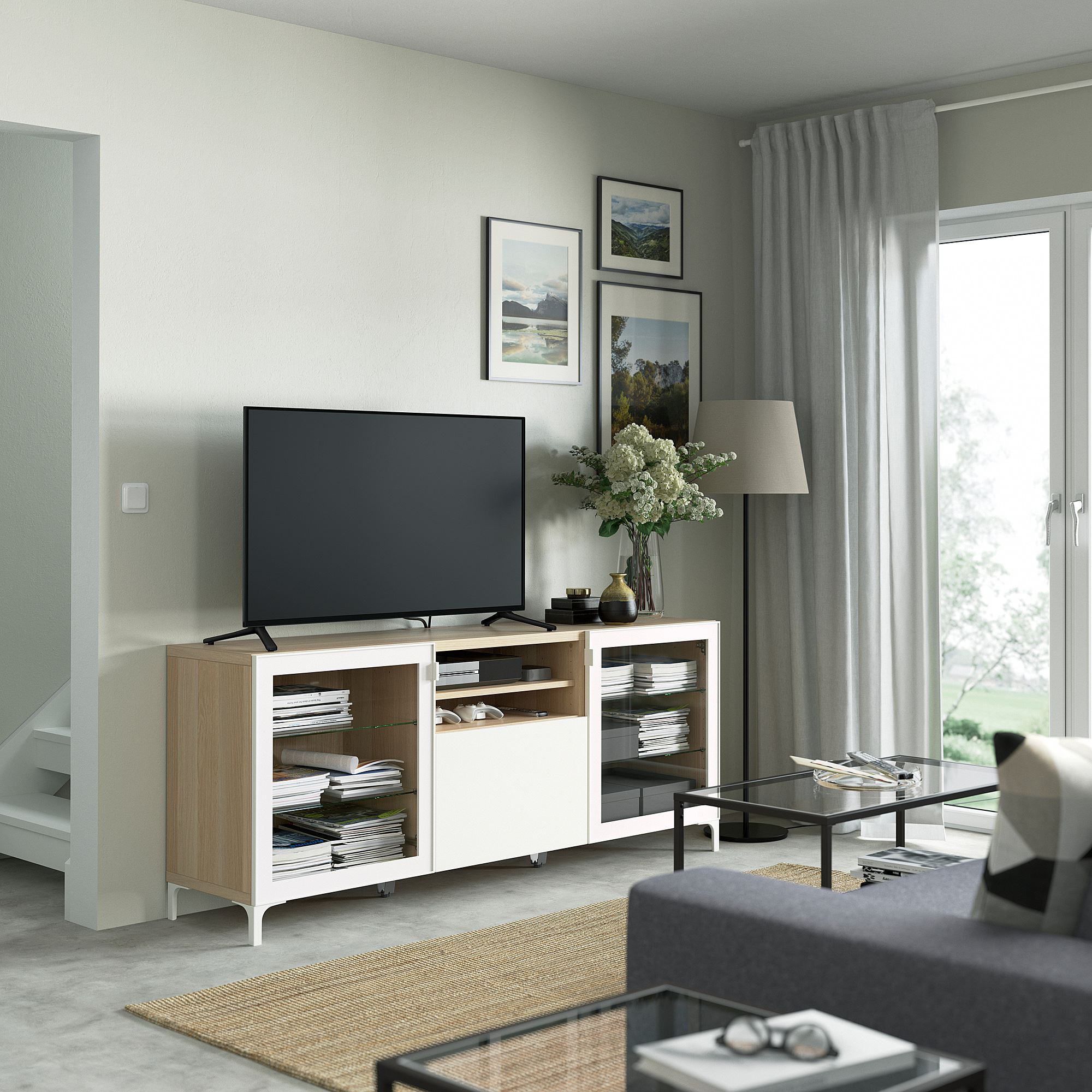 BESTA white stained oak effect/white 180x42x74 cm tv bench - 09435932 ...