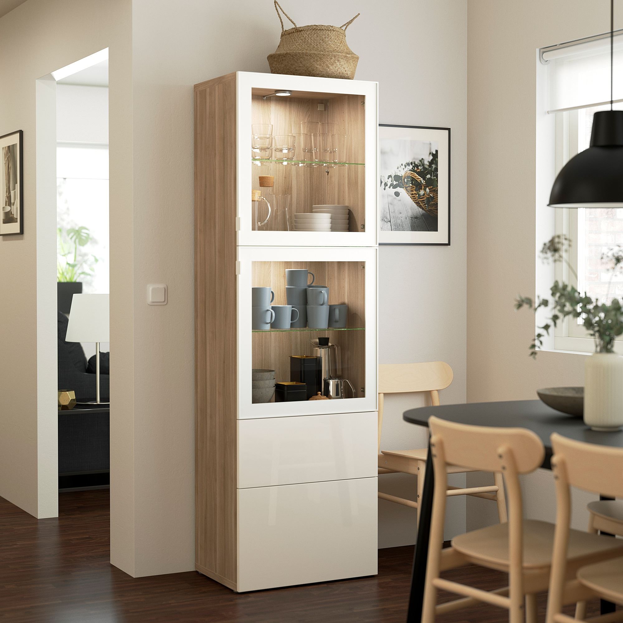 BESTA white stained oak effect/high-gloss/white/clear glass 60x42x192 ...