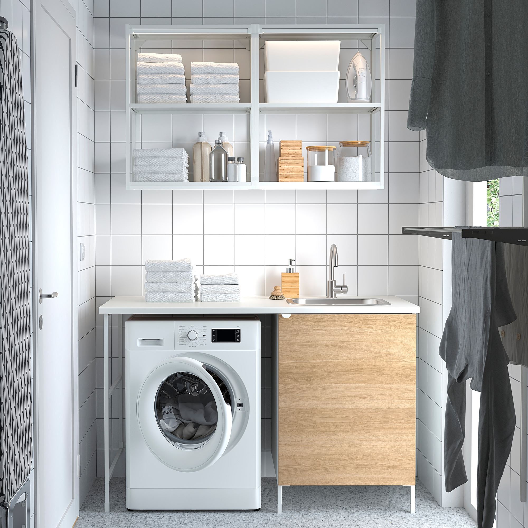 ENHET beyaz-meşe görünümlü 139x63,5x87,5 cm çamaşır odası ve banyo için ...