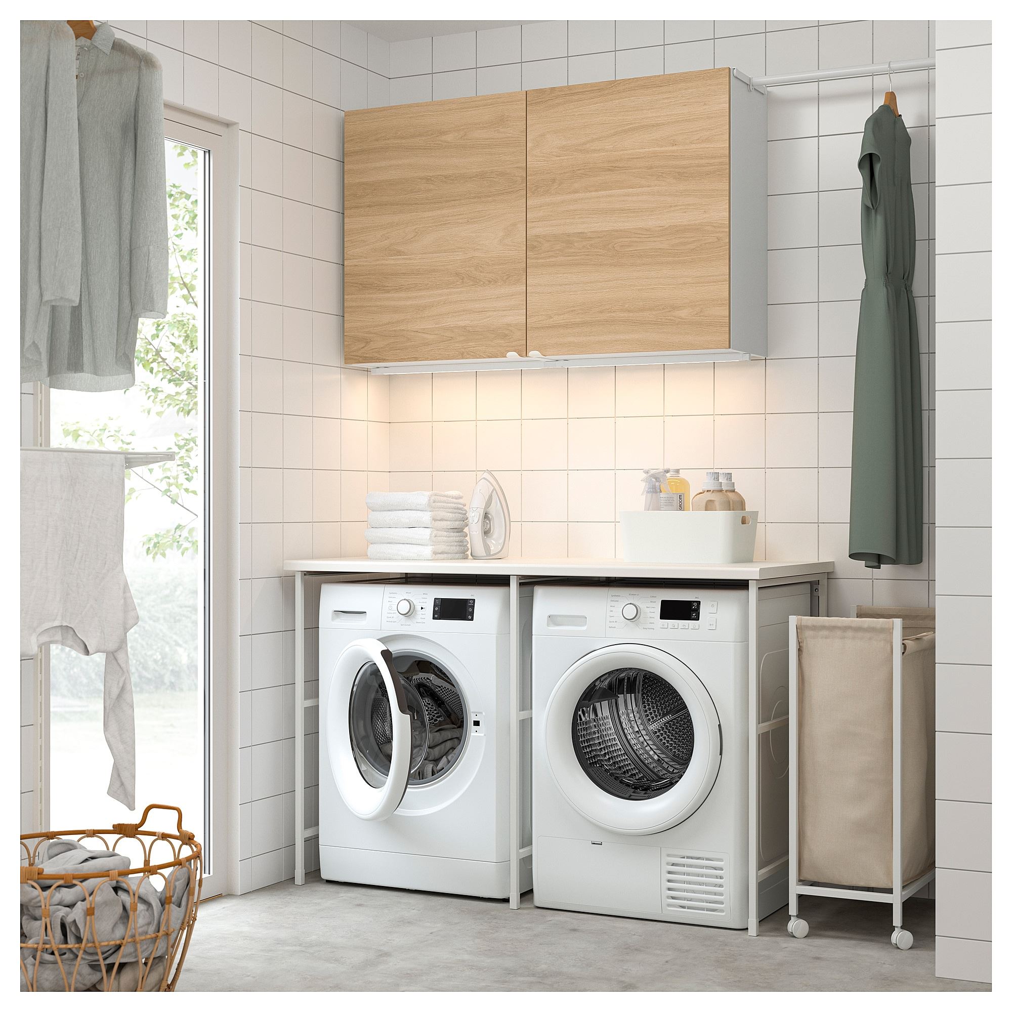 ENHET white-oak look 139x63,5 cm shelving combination for laundry room ...