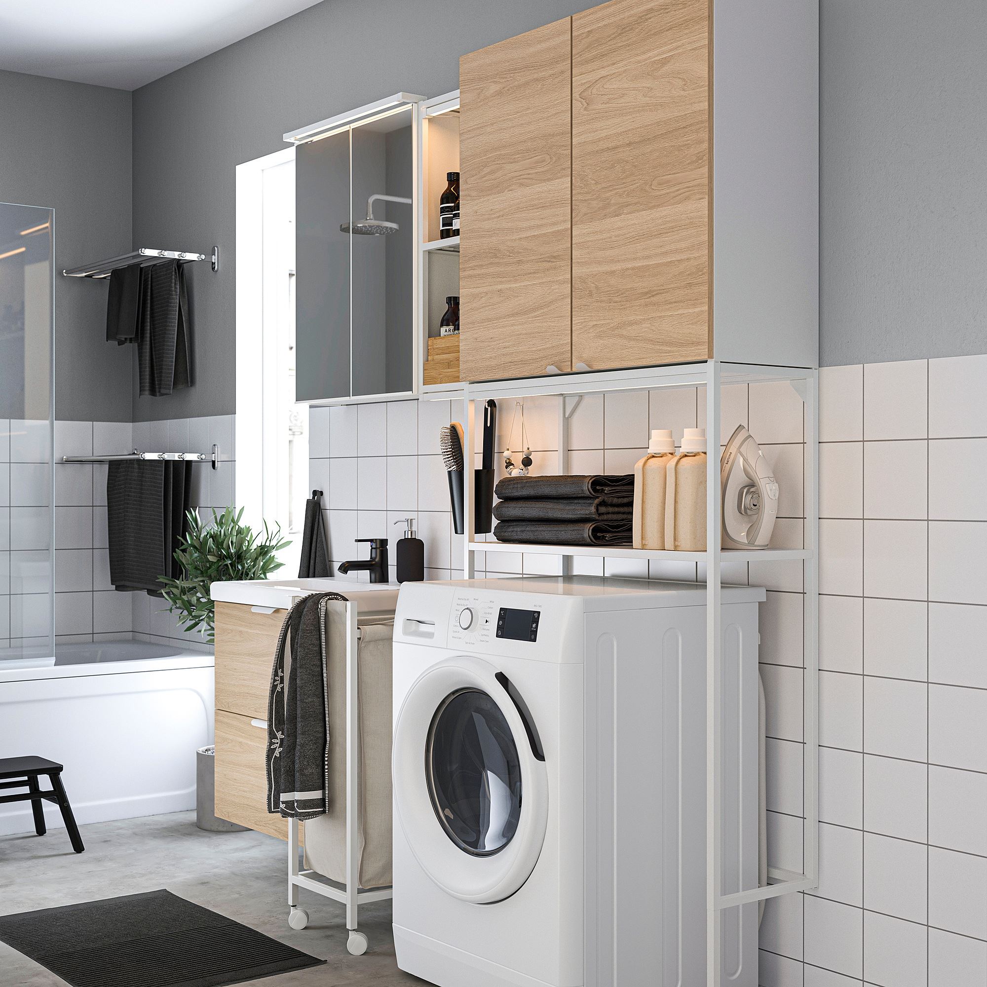 ENHET beyaz-meşe görünümlü 180x43x204 cm çamaşır odası ve banyo için ...
