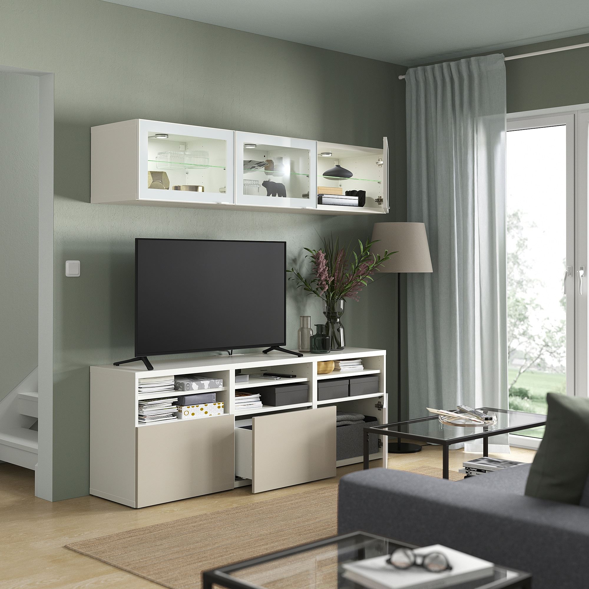 BESTA white/high-gloss/beige 180x42x192 cm tv storage unit - 69488786 ...
