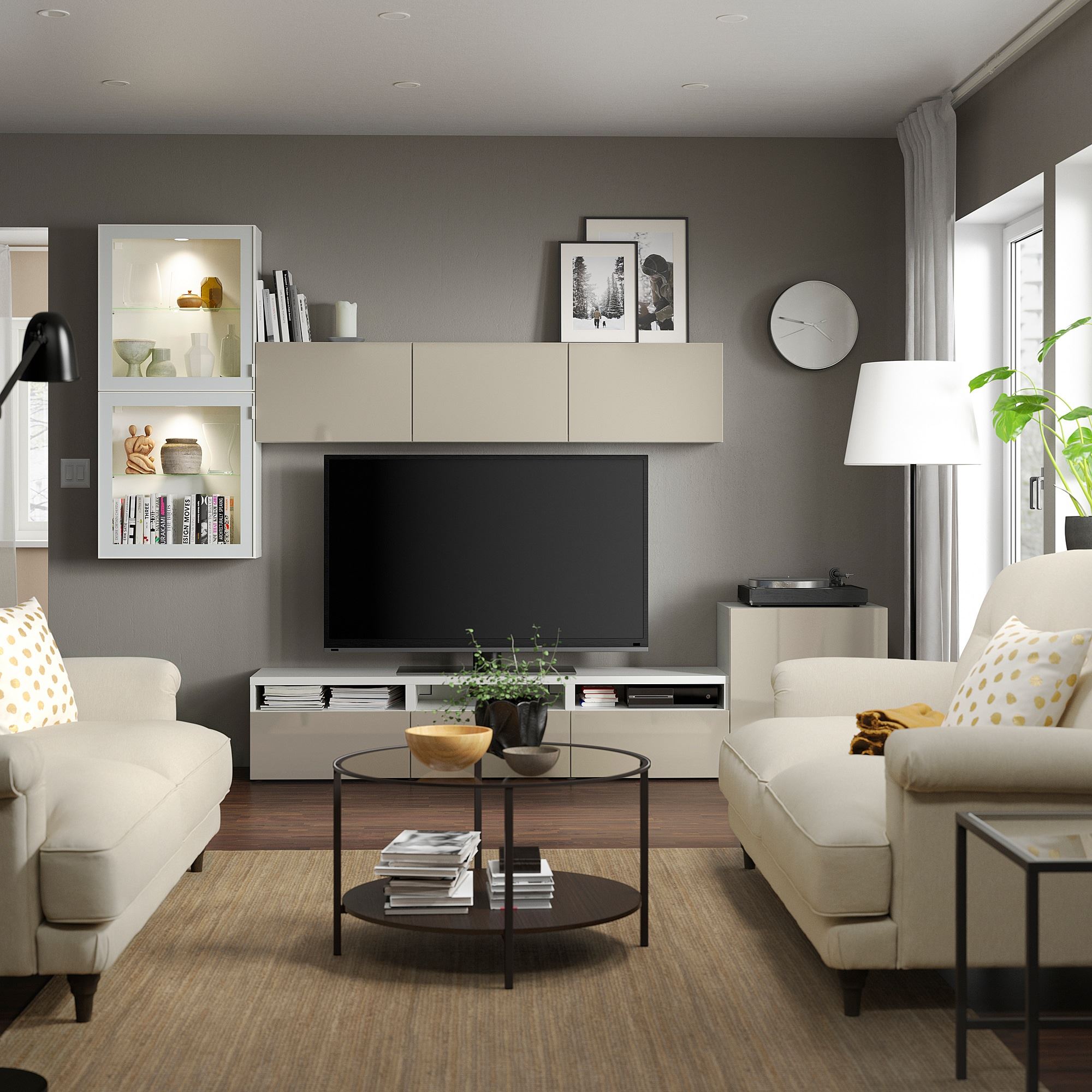 BESTA white/high-gloss/beige 300x42x211 cm tv storage unit - 09488770 ...