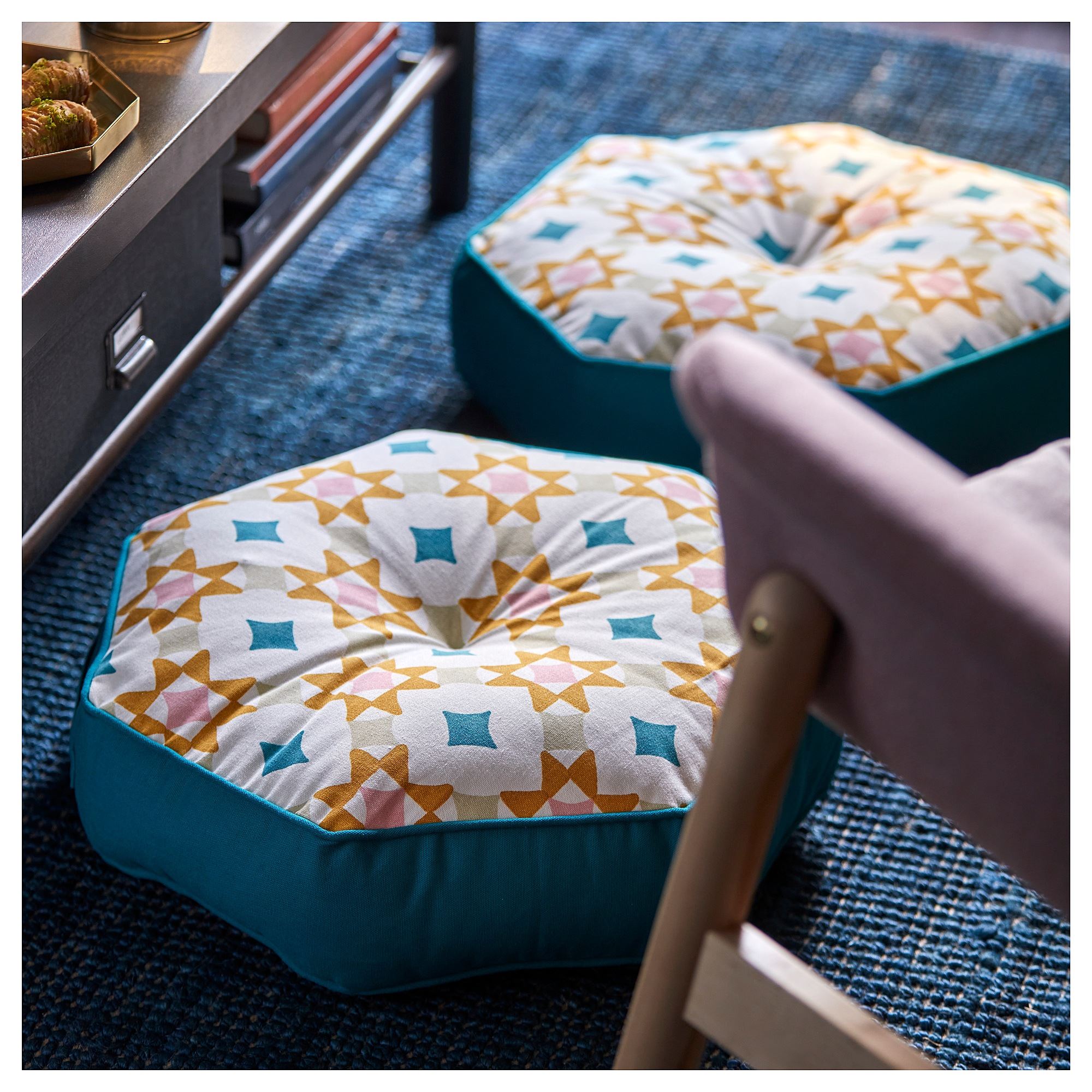 GOKVALLA blue-yellow 45x45x10 cm floor cushion - 20592416 | IKEA